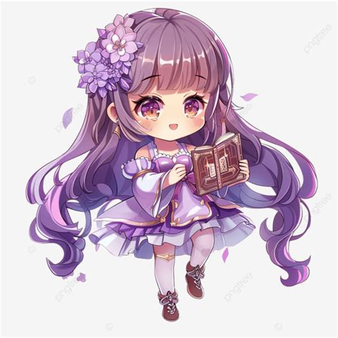 Conhecimento De Patchouli Chibi Artístico Corpo Completo Ficar Em Pé Segurando O Livro Mágico Na
