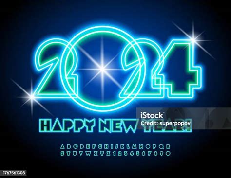 벡터 독특한 인사말 카드 새해 복 많이 받으세요 2024 추상 스타일의 네온 세트 알파벳 문자와 숫자 네온에 대한 스톡 벡터 아트 및 기타 이미지 Istock