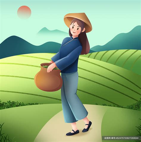 中国风绿色采茶女采茶茶叶人物插画psd下载编号452475733827260644 设图网