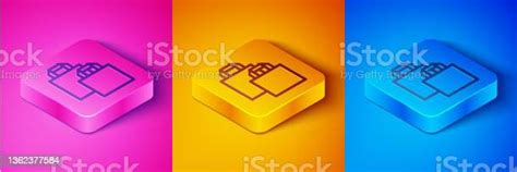 분홍색과 주황색 파란색 배경에 격리 된 등색 라인 종이 쇼핑 백 아이콘 패키지 기호입니다 정사각형 버튼입니다 벡터 3차원 형태에 대한 스톡 벡터 아트 및 기타 이미지