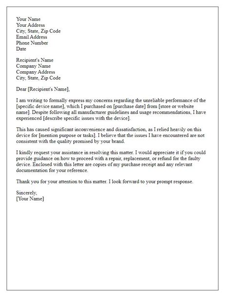 Letter Template For Formal Complaint Regarding Faulty Equipment Free