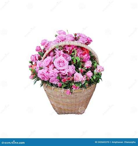 Pink Rose Flowers Bouquet Decorative In Wood Basket With Handle