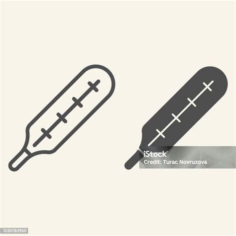 온도계 선 및 솔리드 아이콘 의료 장비 는 흰색 배경에 스타일 그림을 윤곽 모바일 개념 및 웹 설계를 위한 온도 측정 및 표시기기 벡터 그래픽 감기와 독감에 대한 스톡 벡터