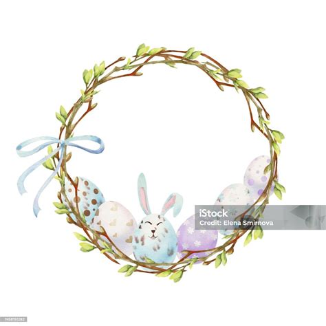 수채화 손으로 그린 부활절 축하 클립 아트 파스텔 서클 화환에는 계란 토끼 활 가지가 있습니다 흰색 배경에 격리 초대장 선물