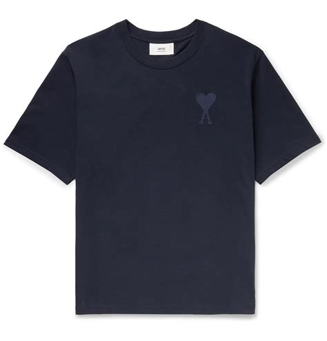 AMI PARIS Logo Embroidered Cotton Jersey T Shirt Blue AMI