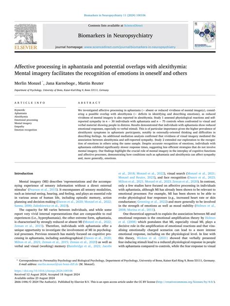 Pdf Affective Processing In Aphantasia And Potential Overlaps With Alexithymia Mental Imagery