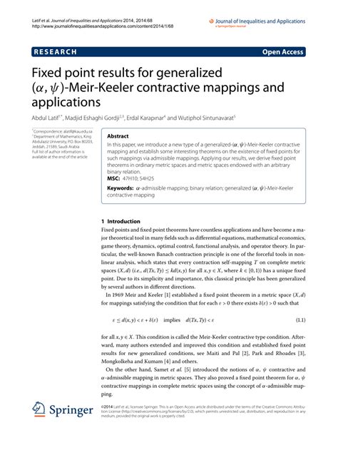 Pdf Fixed Point Results For Generalized αψ Meir Keeler Contractive Mappings And Applications