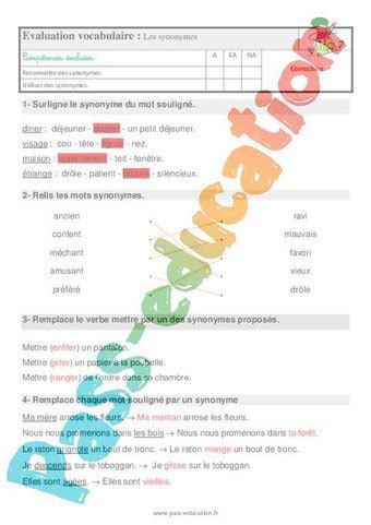 Les synonymes Ce Étude de la langue Evaluation avec la correction PDF à imprimer par