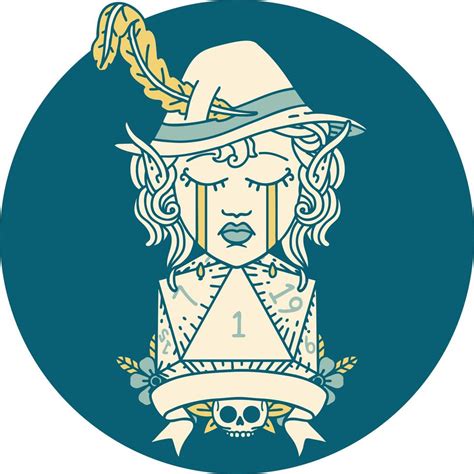 Retro Tattoo Style Crying Elf Bard Character With Natural One D20 Roll
