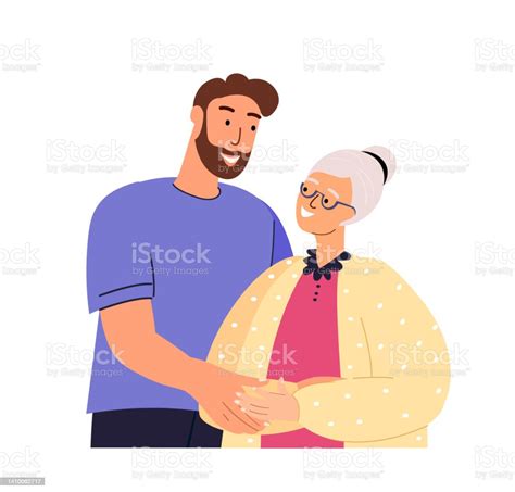 행복한 성인 아들은 서로에 대한 사랑을 느끼는 늙은 어머니를 껴안고 있습니다 할머니를 껴안고 있는 청년의 초상화 친절한 가족