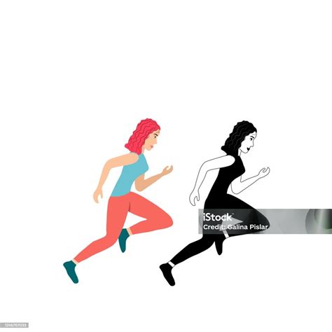 흰색 배경에 고립 된 재미있는 소녀를 실행합니다 여성 단거리 선수의 실루엣 움직이는 주자 마라톤 준비 조깅 스포츠여성 플랫