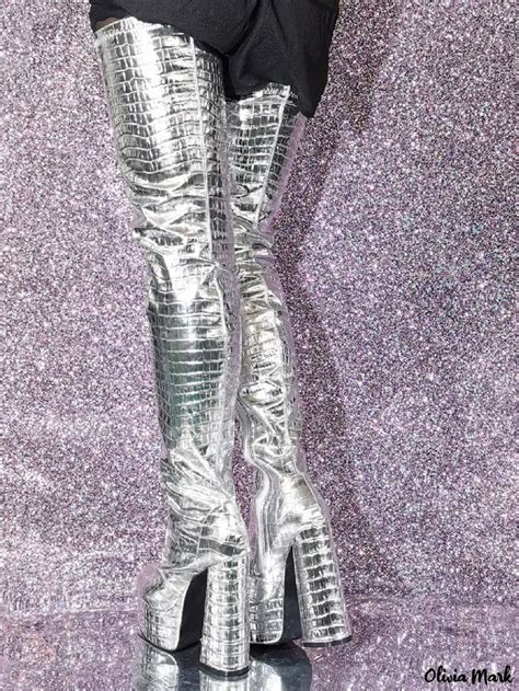 Olivia Mark Stylish Silver Thigh High Boots With Metallic Stone