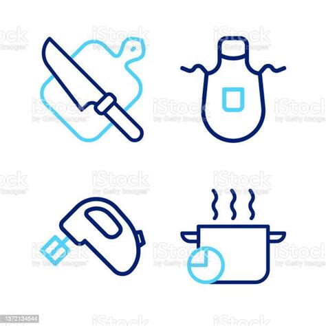 세트 라인 요리 냄비 전기 믹서 주방 앞치마와 도마와 칼 아이콘 벡터 가정 생활에 대한 스톡 벡터 아트 및 기타 이미지 가정 생활 가정 주방 가정의 방 Istock