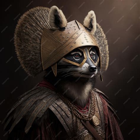 고대 전사 갑옷을 입은 고대 사무라이 전사 너구리의 초상화 프리미엄 사진