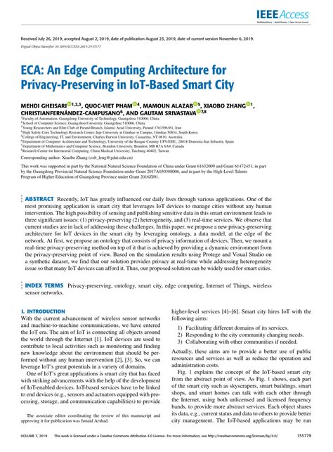 Pdf Eca An Edge Computing Architecture For Privacy Preserving In Iot Based Smart City