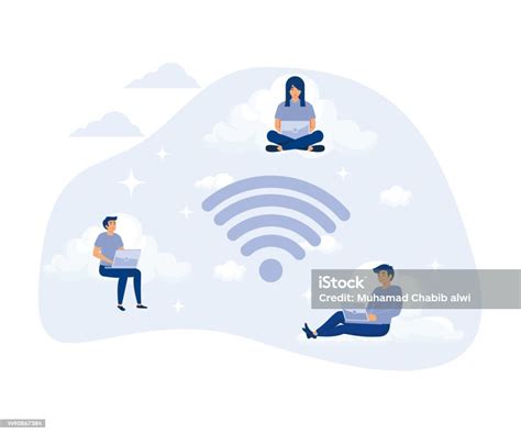 무선 연결 남자와 여자 일 소셜 네트워킹 및 클라우드 스토리지를 사용한 채팅 플랫 벡터 현대 그림 개념에 대한 스톡 벡터 아트