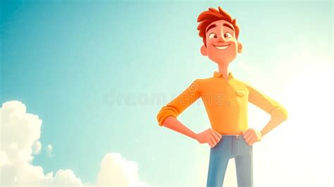 Cartoon Man Standing With Hands On Hips Looking Up Smiling Stock