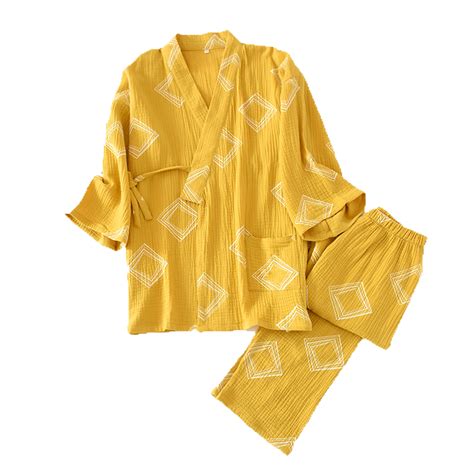 日式和服睡衣女夏季薄款九分袖纯棉全棉双层纱布春秋家居服可外穿虎窝淘