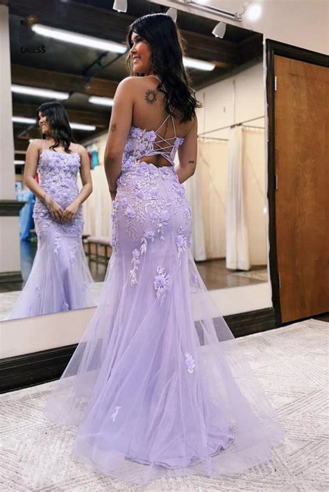 Open Back Mermaid Lilac Lace Floral Long Prom Dress Mermaid Lilac For