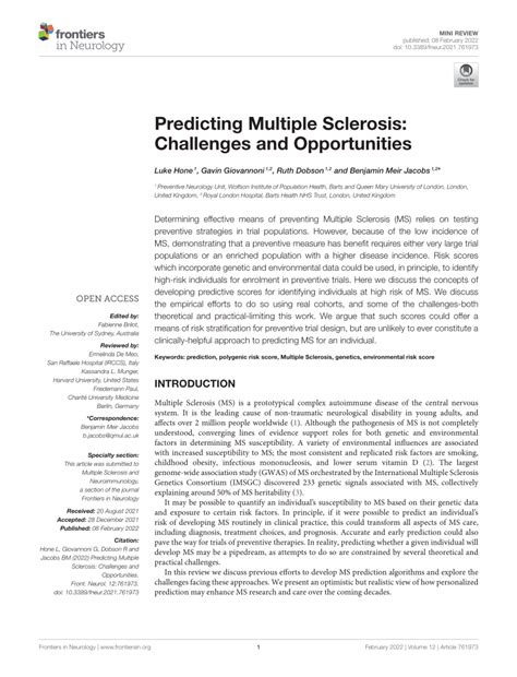 Pdf Predicting Multiple Sclerosis Challenges And Opportunities