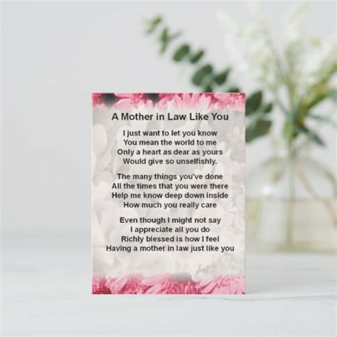 Pink Floral Mother In Law Poem Postcard Zazzle