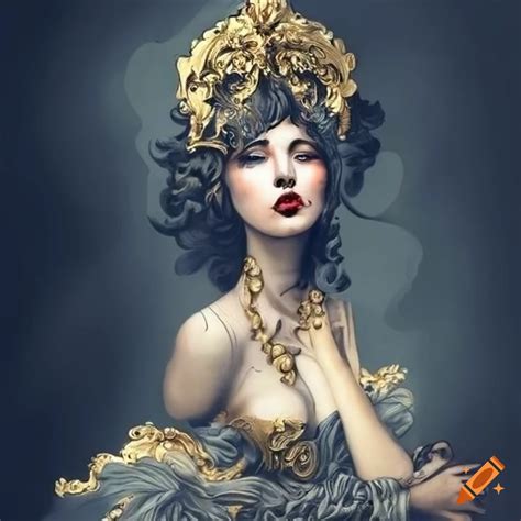 Surrealist Baroque Artwork With Black Hair In Golden Clouds On Craiyon