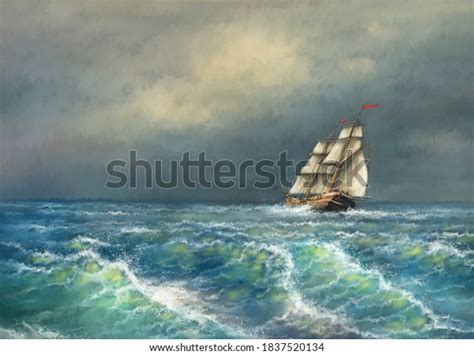 디지털 그림 풍경 바다에서 항해하는 배 스톡 일러스트 1837520134