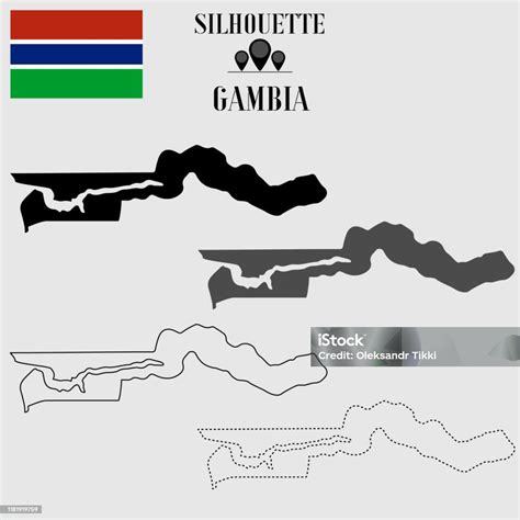 감비아 개요 세계지도 단색 대시 라인 윤곽 실루엣 국기 벡터 일러스트 디자인 배경에 고립 된 개체 요소 국가 설정에서 기호 가정 생활에 대한 스톡 벡터 아트 및 기타 이미지