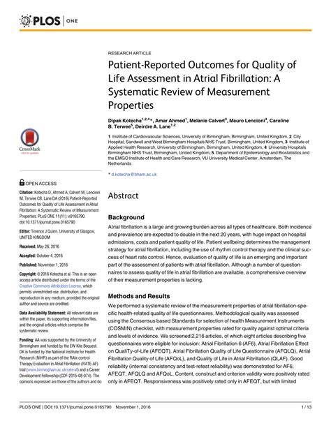 Pdf Patient Reported Outcomes For Quality Of Life Assessment In Atrial Fibrillation A