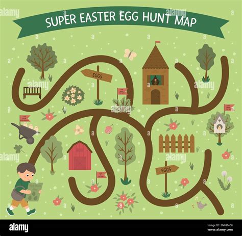 Easter Egg Hunt Map Set Of Flat Spring Cartoon Elements Vector Garden