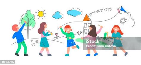 어린이들이 그림을 그립니다 어린이 태양과 구름 나무와 꽃 집 새와 연 플랫 일러스트레이션 드로잉 교육 지구의 날 어머니의 날과 어린이날에 인사 교육에 대한 스톡 벡터 아트