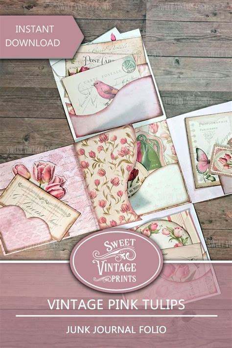 Vintage Pink Tulips Junk Journal Cover With The Text Sweet Vintage Pink