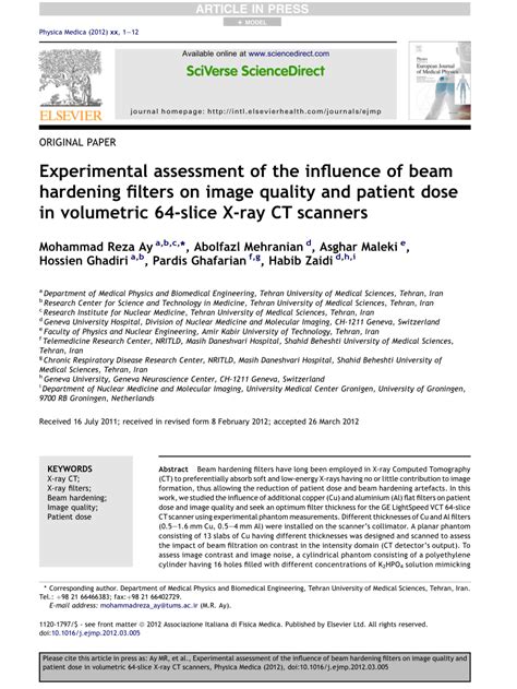 Pdf Experimental Assessment Of The Influence Of Beam Hardening Filters On Image Quality And