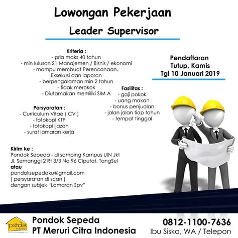 Lowongan Kerja Supervisor Pondok Sepeda PT Meruri Citra Indonesia