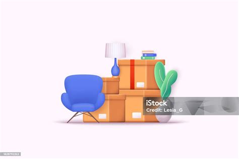 이사 집 개념입니다 상자와 집 가구 3d 웹 벡터 일러스트레이션 개념에 대한 스톡 벡터 아트 및 기타 이미지 개념 개념