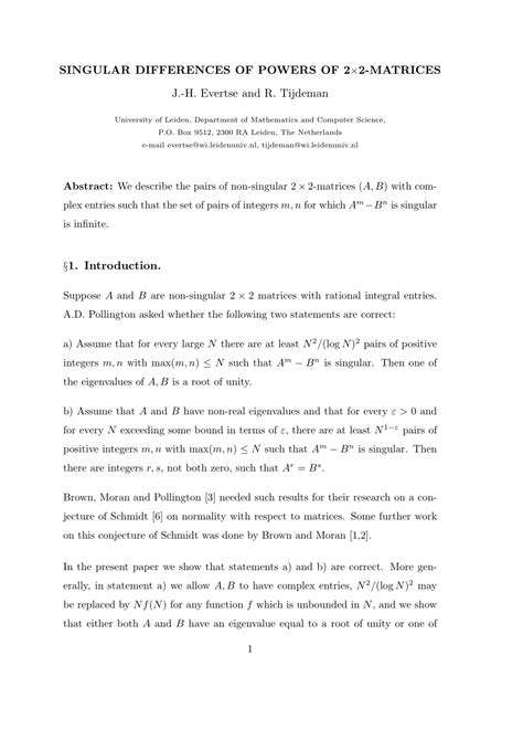 Pdf Singular Differences Of Powers Of 2×2 Matrices