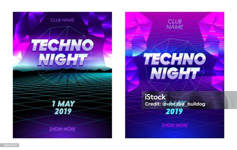 티포그래피 낮은 폴리 삼각형 클럽 파티 전단지 디자인 포스터 소셜 미디어 초대 프로모션과 신스 웨이브 네온 그리드 미래 지향적 인 배경으로 설정 테크노 나이트 배너 벡터
