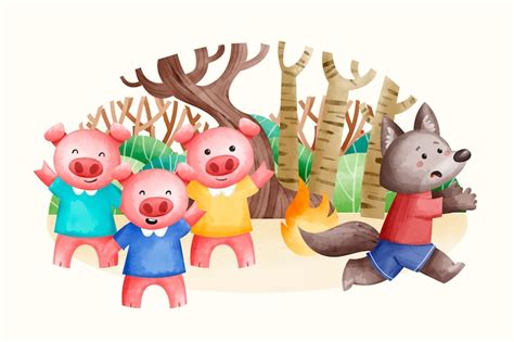 수채화 아기 돼지 세 마리 그림 무료 벡터