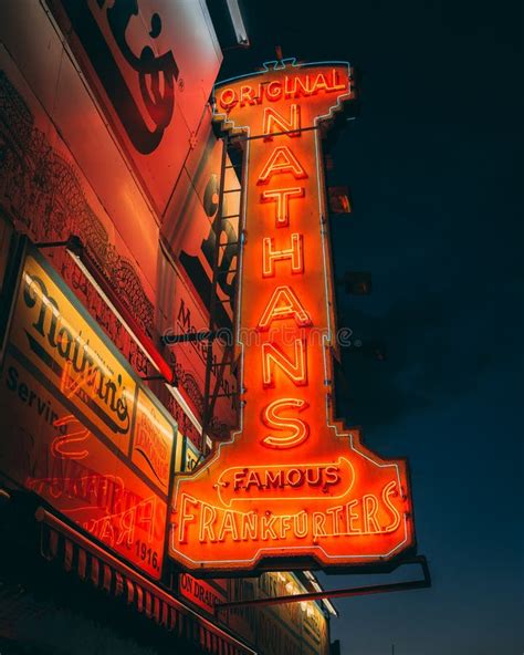 Nathans Famous Neon Sign At Night In Coney Island Brooklyn New York