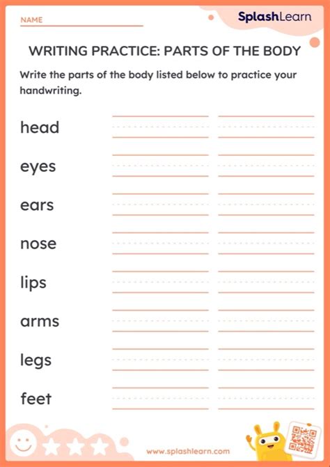 Writing Practice Parts Of The Body — Printable Ela Worksheet