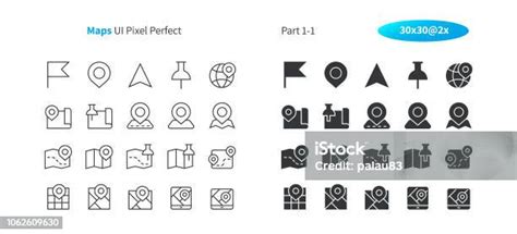 지도 Ui 픽셀 완벽 한 잘 만들어진 벡터 얇은 선 및 고체 아이콘 30 2 그리드 웹 그래픽 및 애플 리 케이 션에 대 한 X 간단한 최소한의 그림 가리키기에 대한 스톡