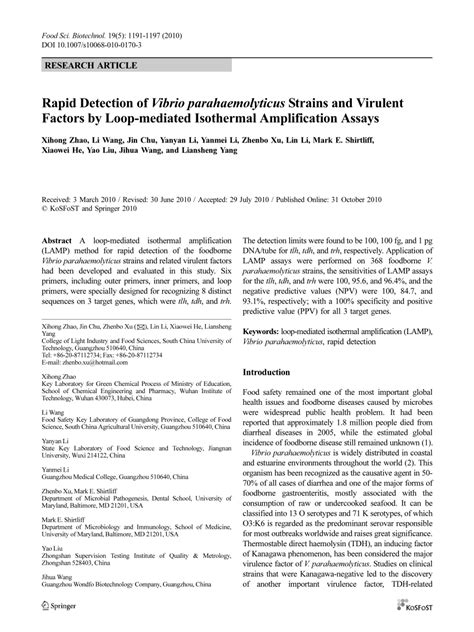 Pdf Rapid Detection Of Vibrio Parahaemolyticus Strains And Virulent Factors By Loop Mediated