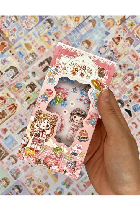 Kağıt Gemi Dükkan Sevimli Kız Kıyafet Giydirme Pembe Kutu Sticker Seti