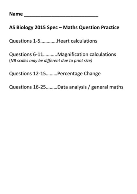 A Level Biology Maths Calculation Questions Edexcel Snab Teaching
