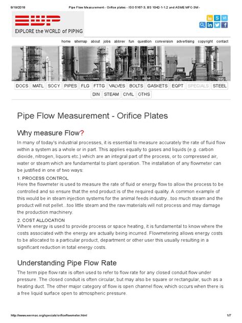 Pipe Flow Measurement Orifice Plates Iso 5167 3 Bs 1042 1 12 And Asme Mfc 3m Pdf Flow