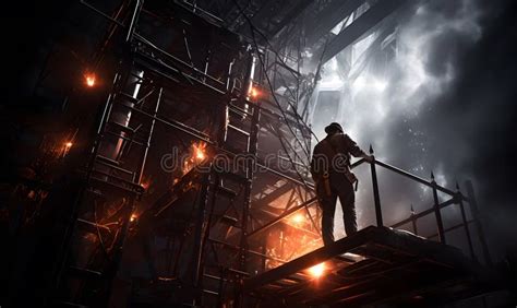 An Assembly Worker Stands On The Scaffolding Platform Of An Oil Station