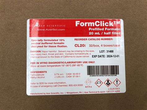 Azer Scientific Cl20 Formclick Prefilled Formalin 20ml Half Filled