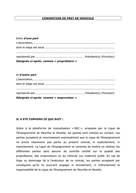 Convention De Pret De Vehicule DOC PDF Page 1 Sur 6