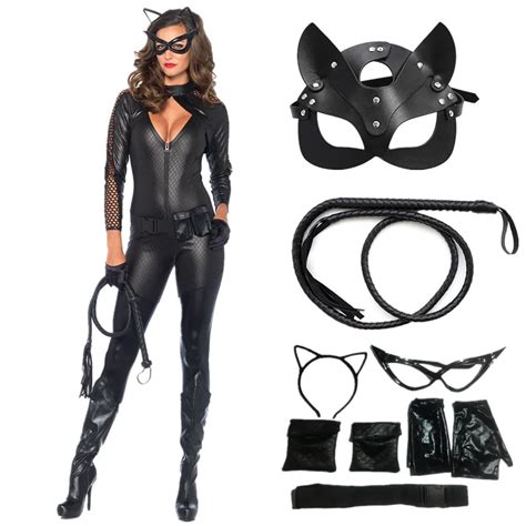 Disfraz de Halloween para mujer traje Sexy de gato con látigo y