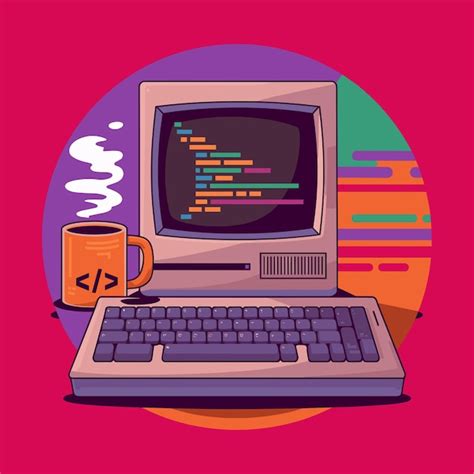 Vintage Computer With Code On Screen And A Coffee Mug With A Coding